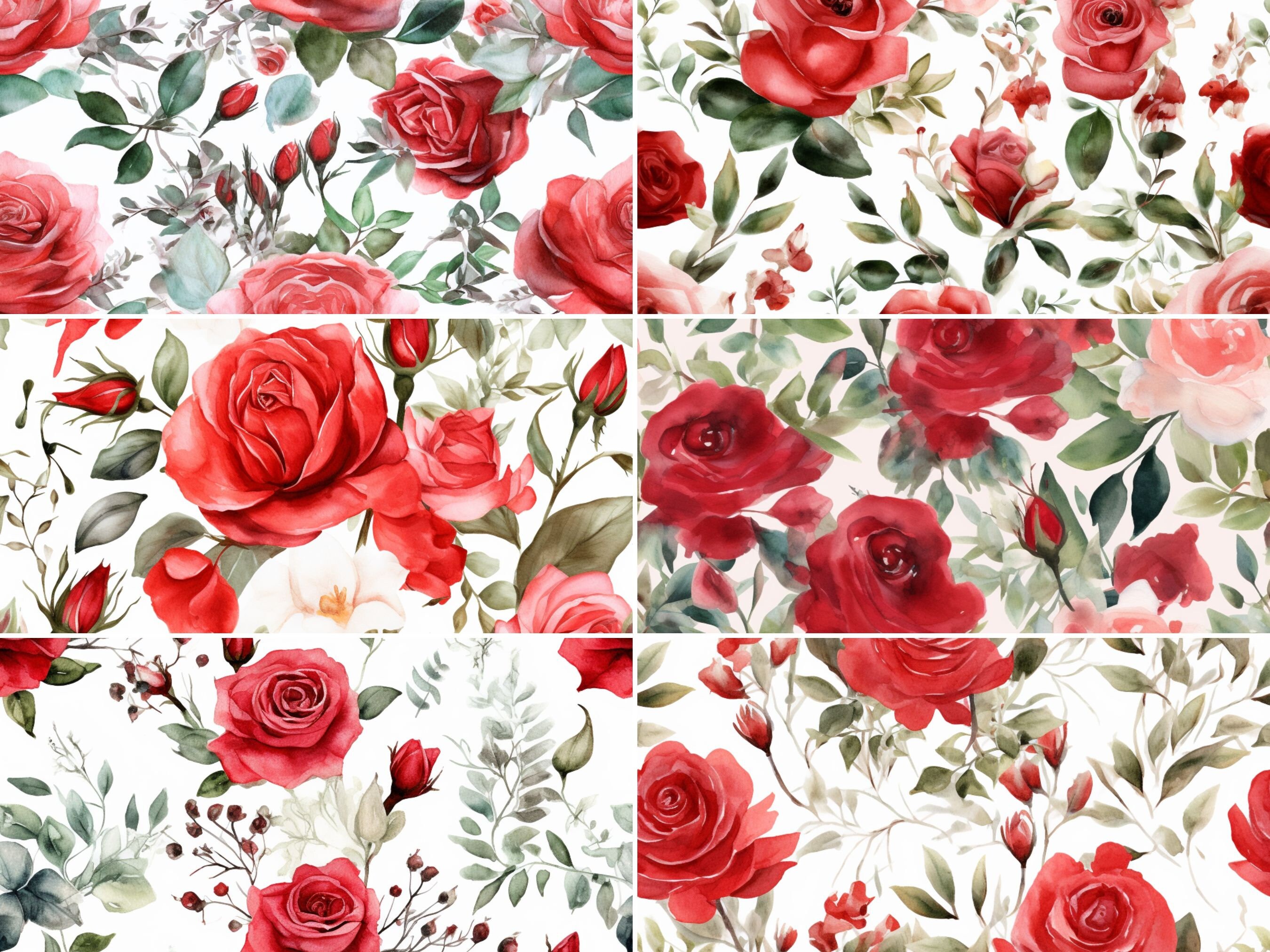24 Watercolor Red Rose Seamless Digital Paper, Flowers, Repeating ...