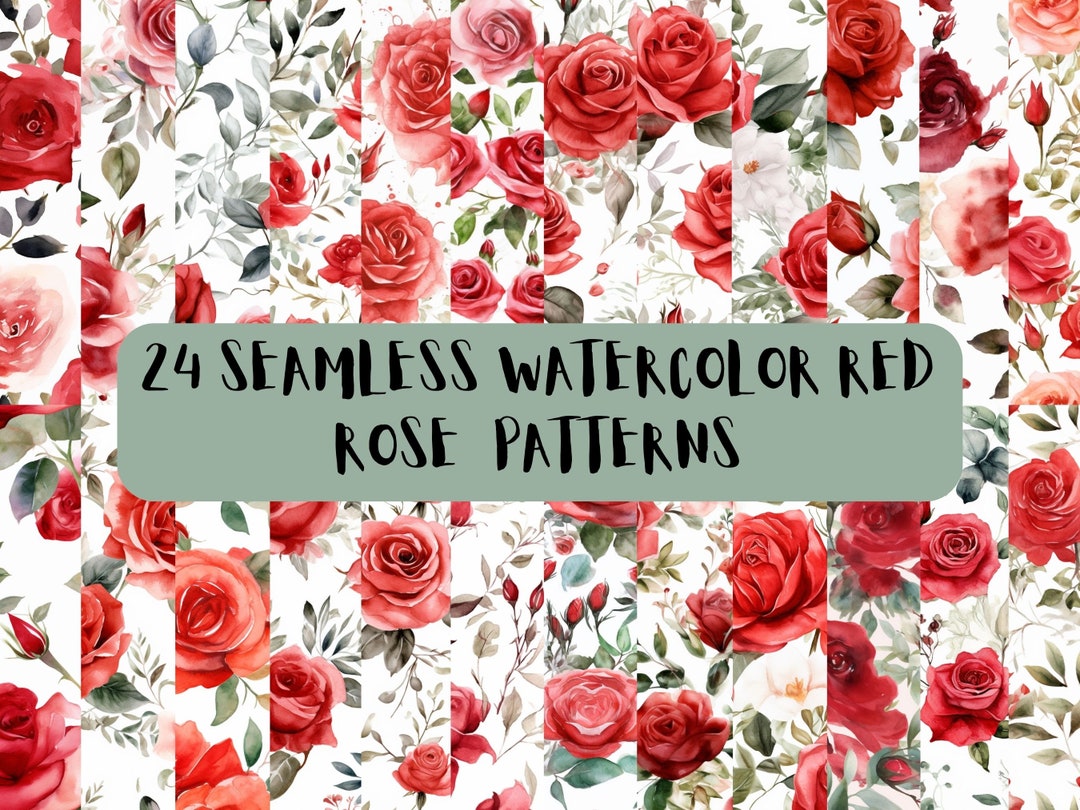 24 Watercolor Red Rose Seamless Digital Paper, Flowers, Repeating ...