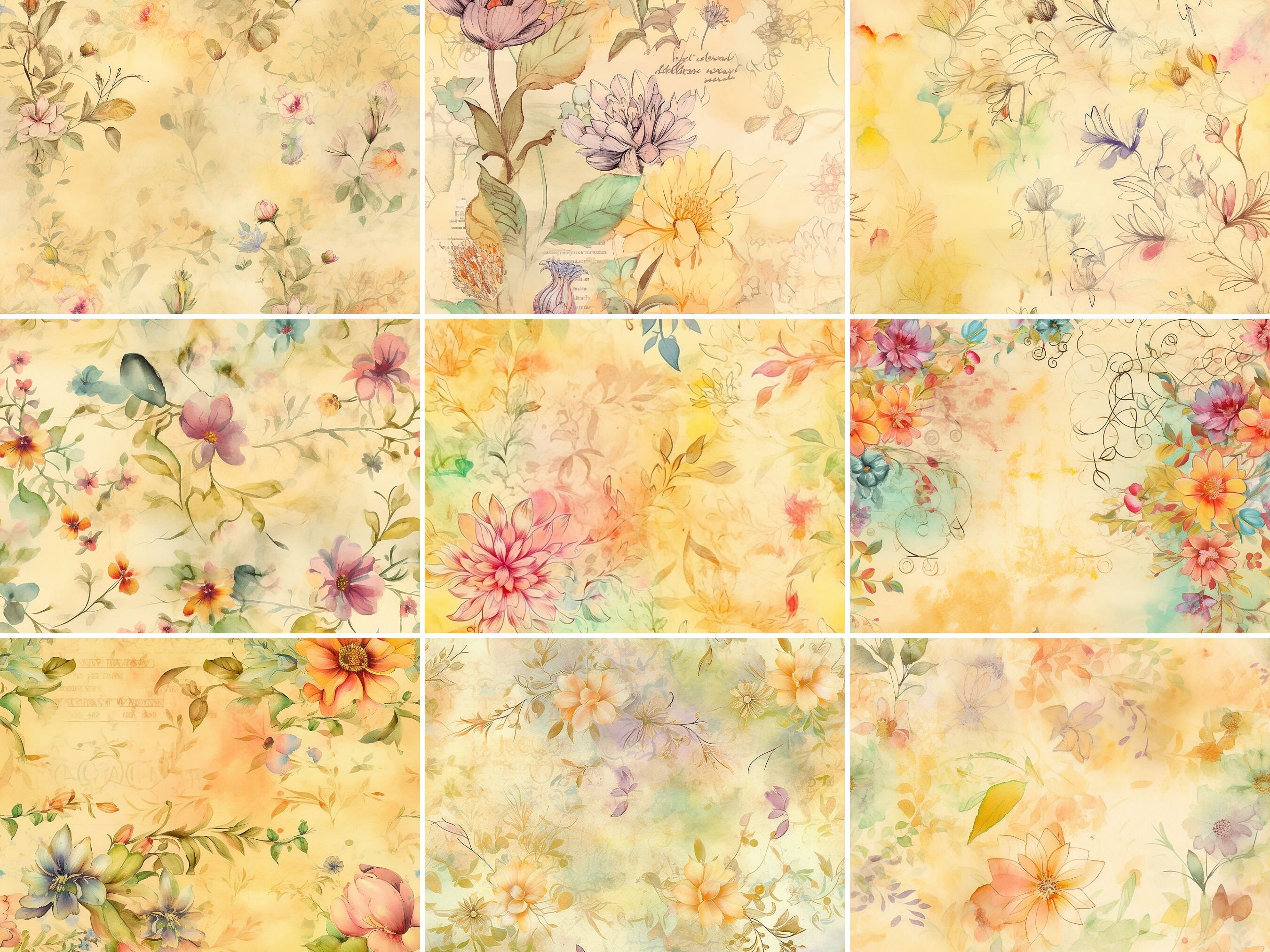 34 Pastel Watercolor Floral Seamless Yellowed Digital Paper, Flowers ...