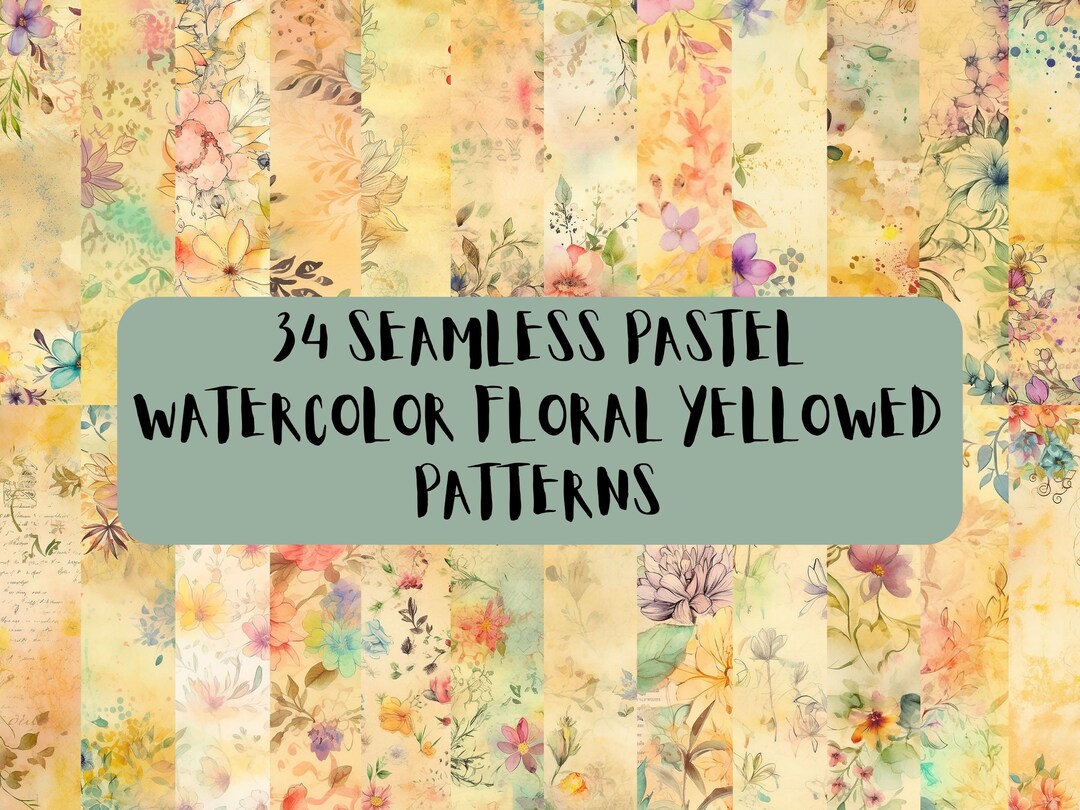 34 Pastel Watercolor Floral Seamless Yellowed Digital Paper, Flowers ...
