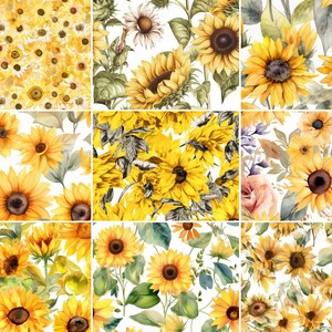 37 Watercolor Sunflower Floral Seamless Digital Paper, Flowers ...