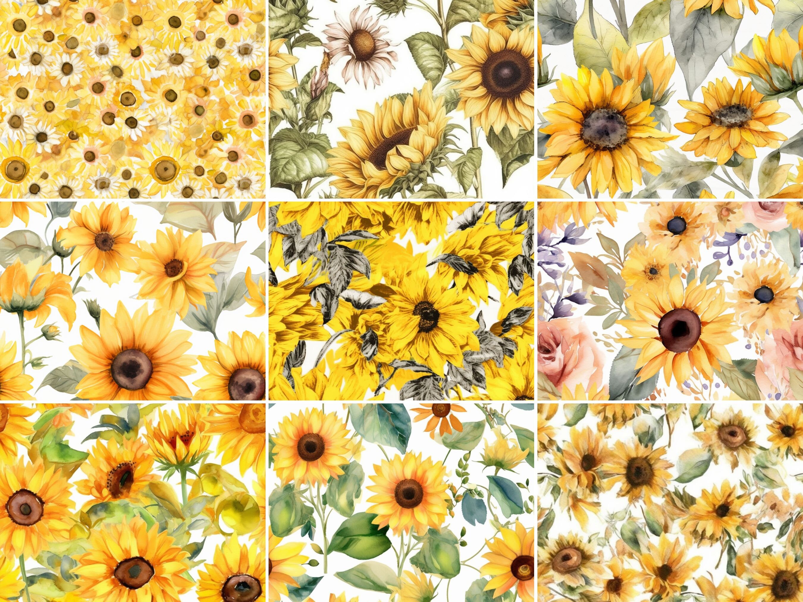 37 Watercolor Sunflower Floral Seamless Digital Paper, Flowers ...