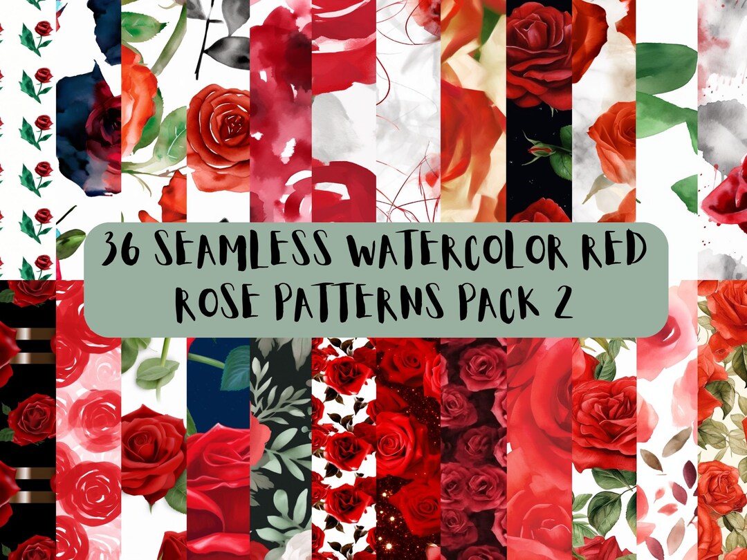 36 Seamless Watercolor Red Rose Digital Paper, Flowers, Repeating ...
