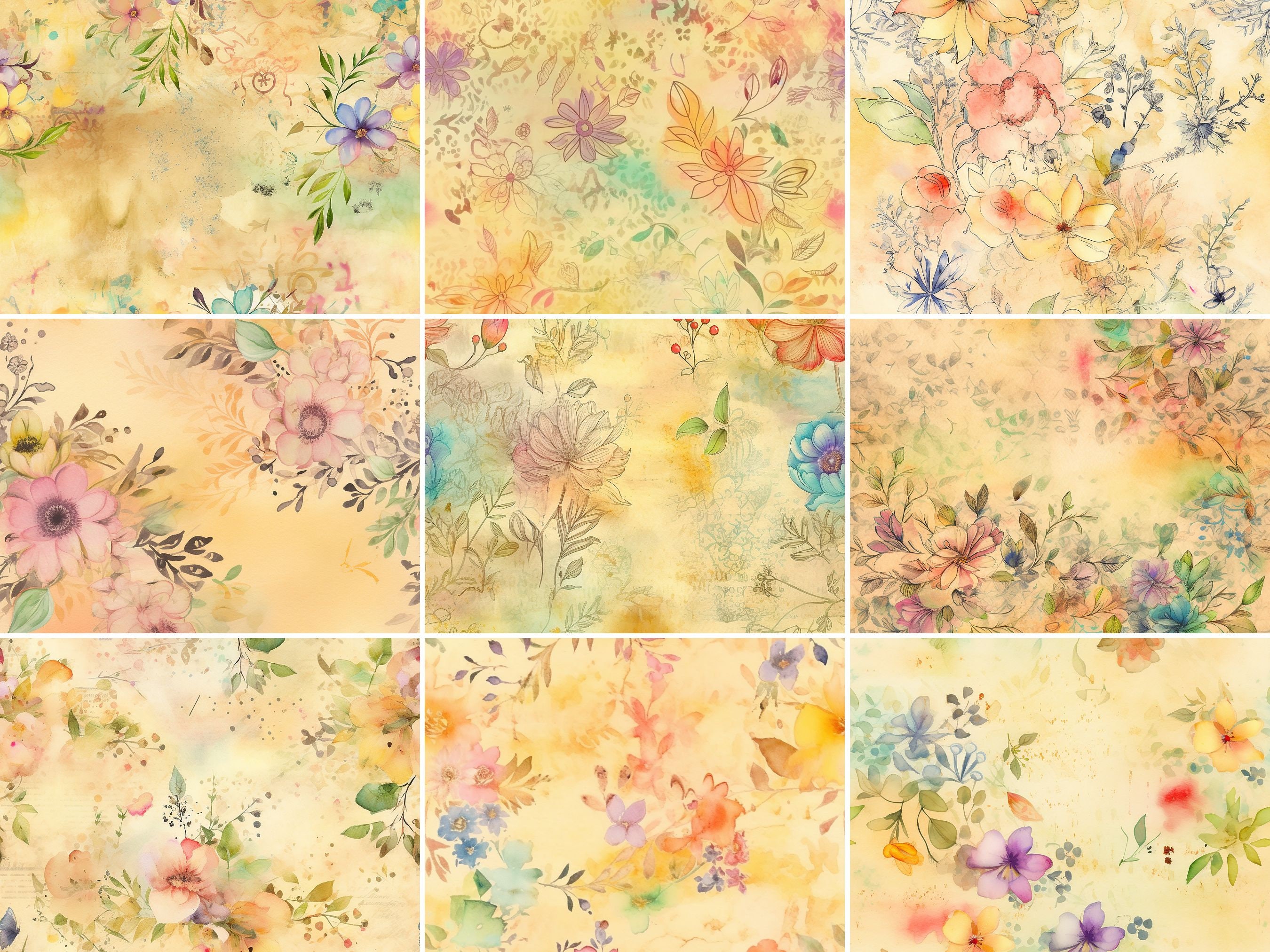 34 Pastel Watercolor Floral Seamless Yellowed Digital Paper, Flowers ...