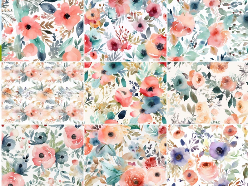 22 Watercolor Floral Seamless Digital Paper, Flowers, Repeating Pattern ...