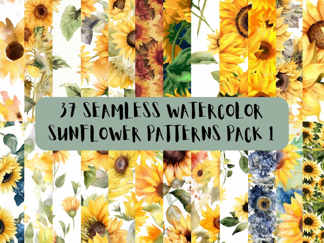 37 Watercolor Sunflower Floral Seamless Digital Paper, Flowers ...