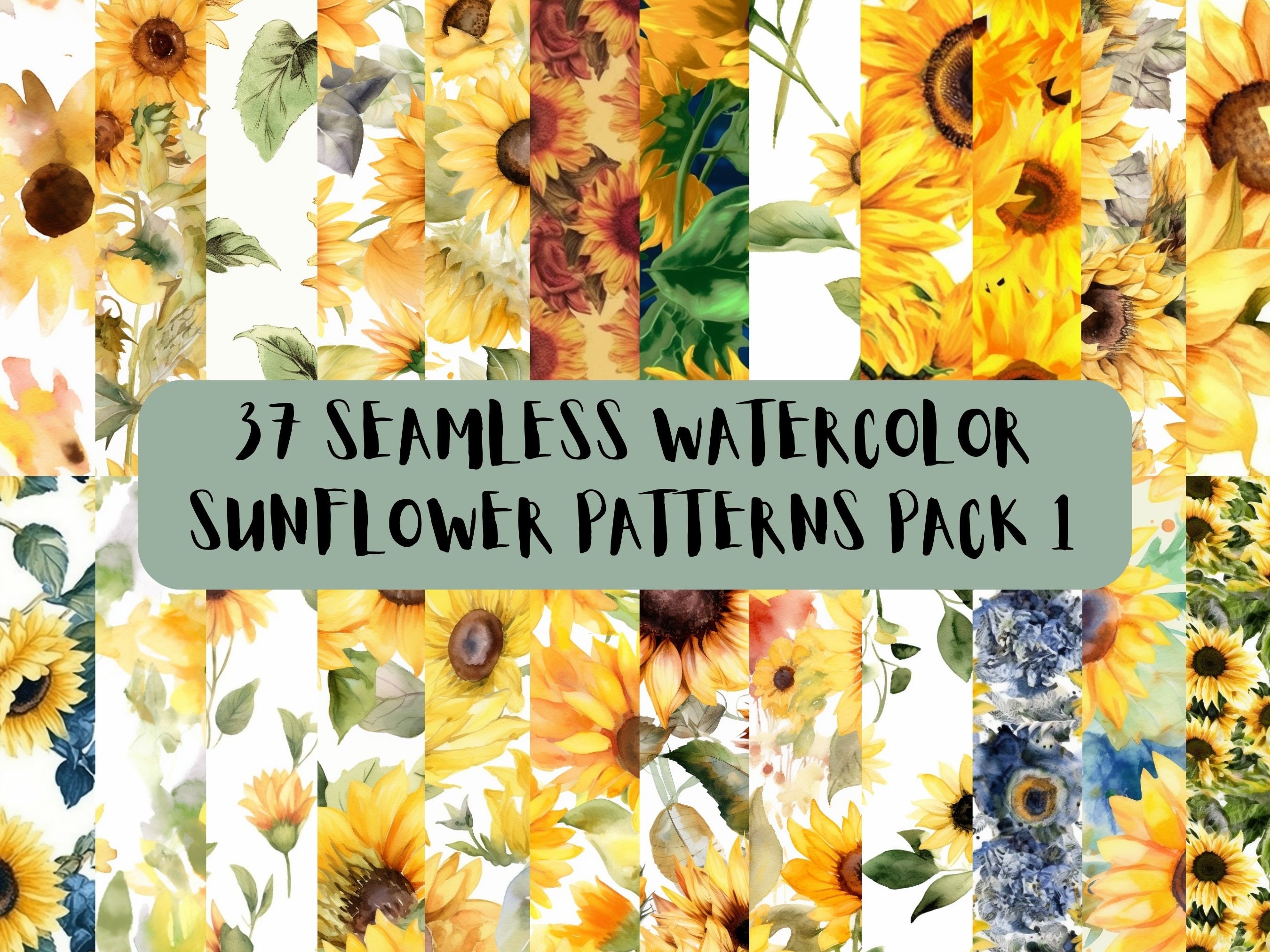 37 Watercolor Sunflower Floral Seamless Digital Paper, Flowers ...