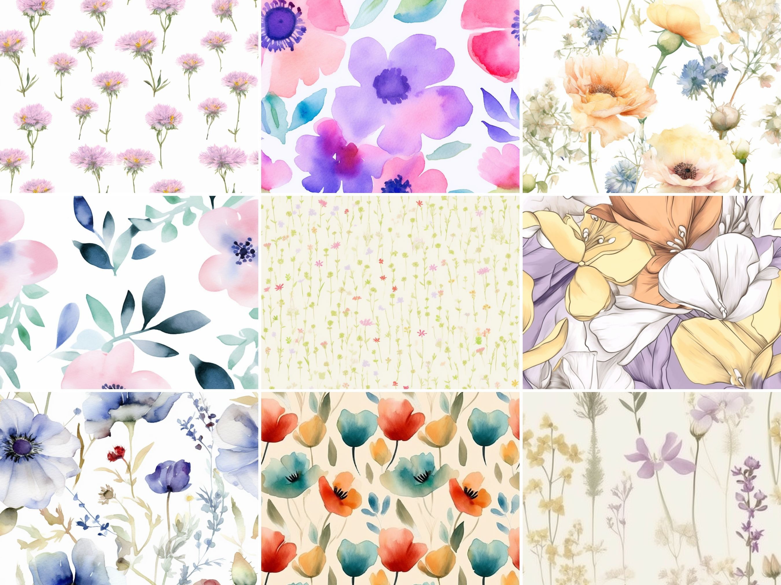 20 Seamless Pastel Watercolor Wildflower Digital Paper, Flowers ...