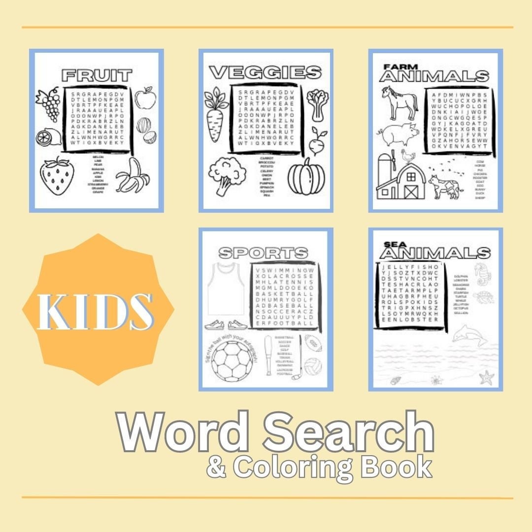 Kid's Word Search and Coloring Pages - Etsy
