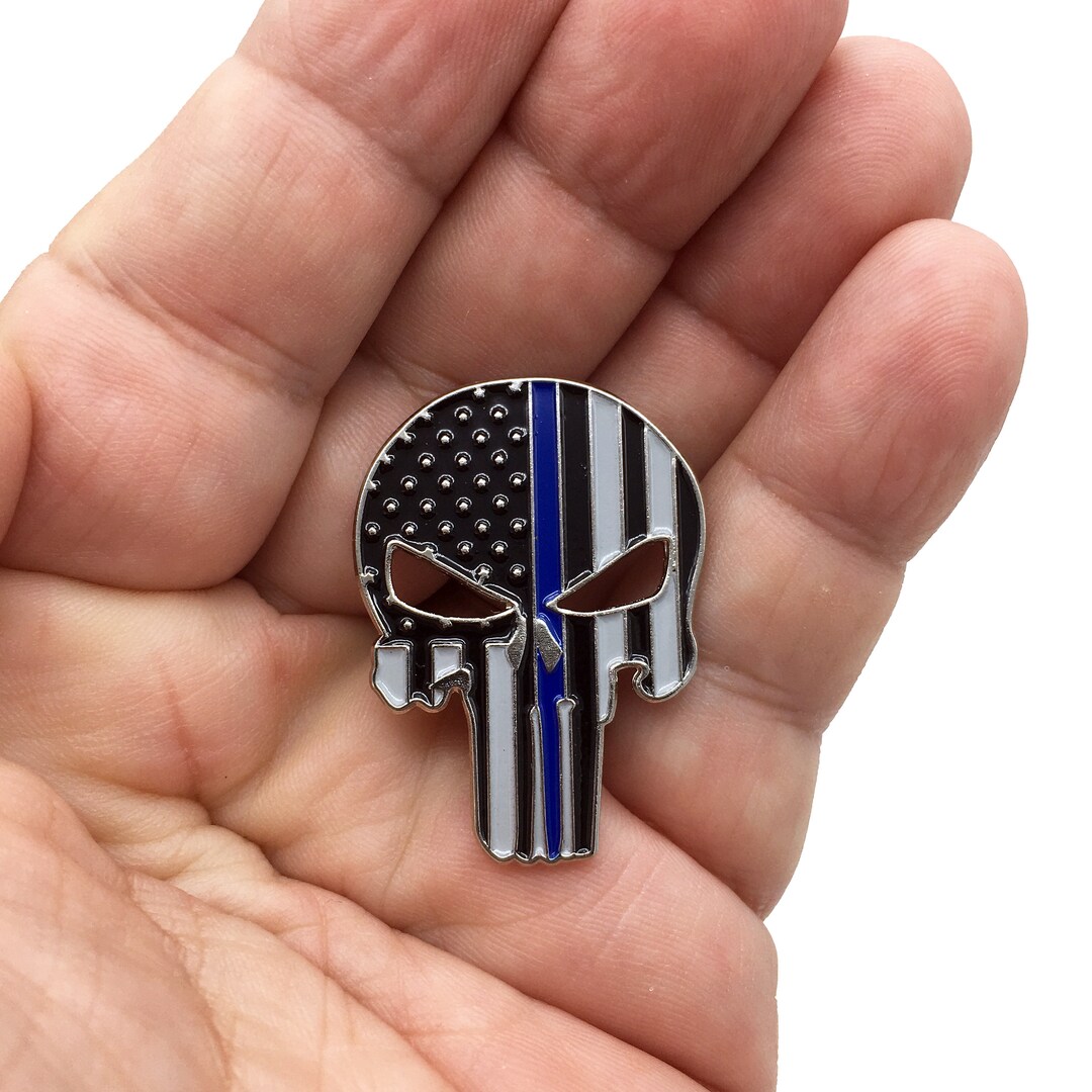 Thin Blue Line Skull Pin With Dual Pin Posts and Deluxe Safety Locking ...