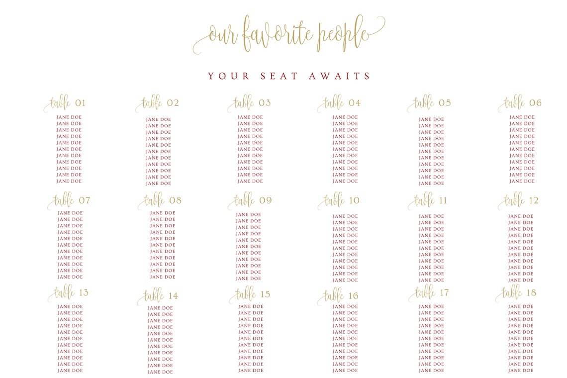 Seating Chart Digital Template - Etsy
