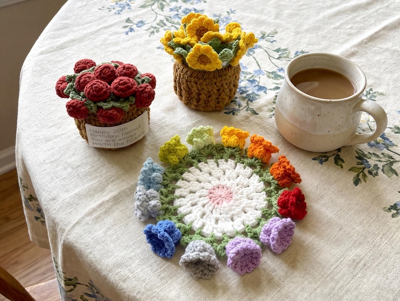 Handmade Crochet Flower Coasters With Cart Basket Holder Floral Set ...