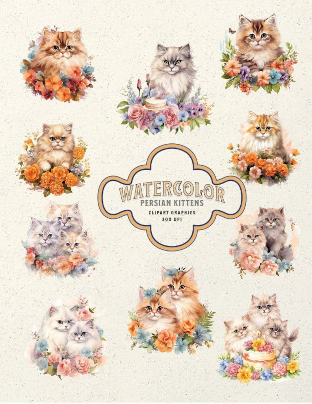 Watercolor Persian Cats Clipart - Cute Floral Cats and Kittens With ...