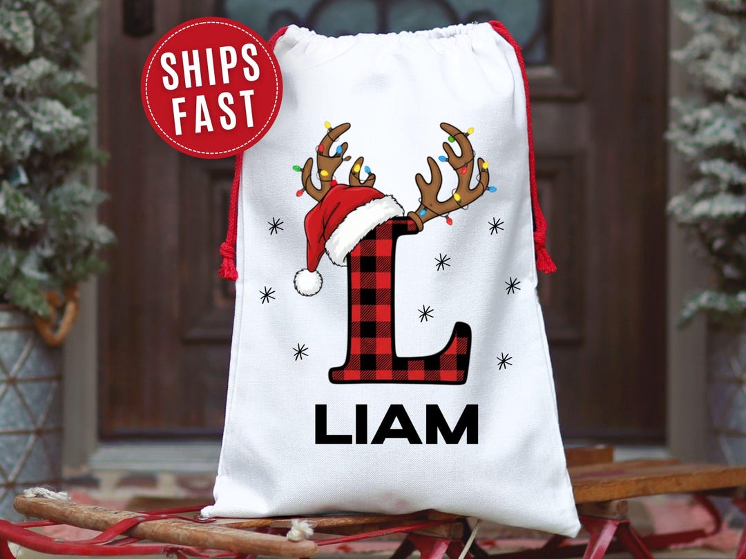 Personalized Reindeer Initial Name, Santa Bag Gift for Christmas ...