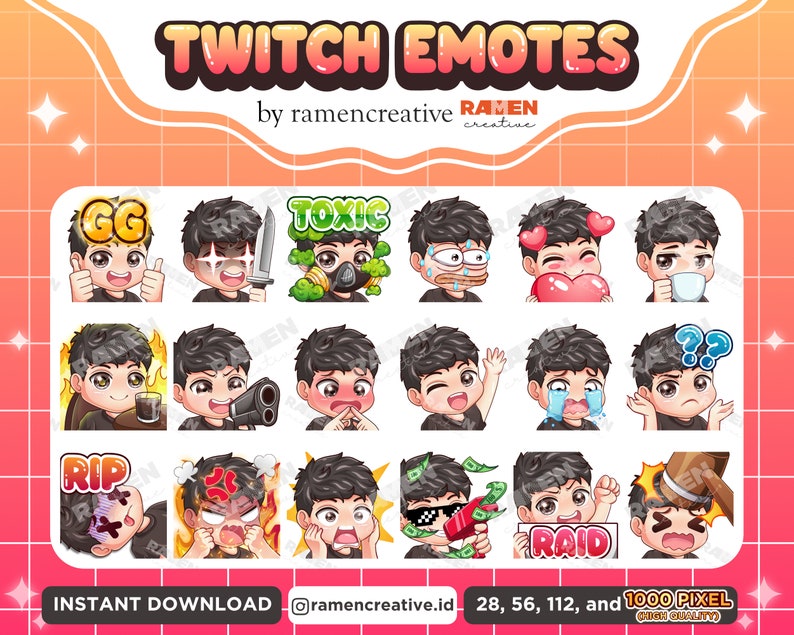 Boy Twitch Emotes : Black Hair, Black Eye Emotes - 18 Emote Pack ...