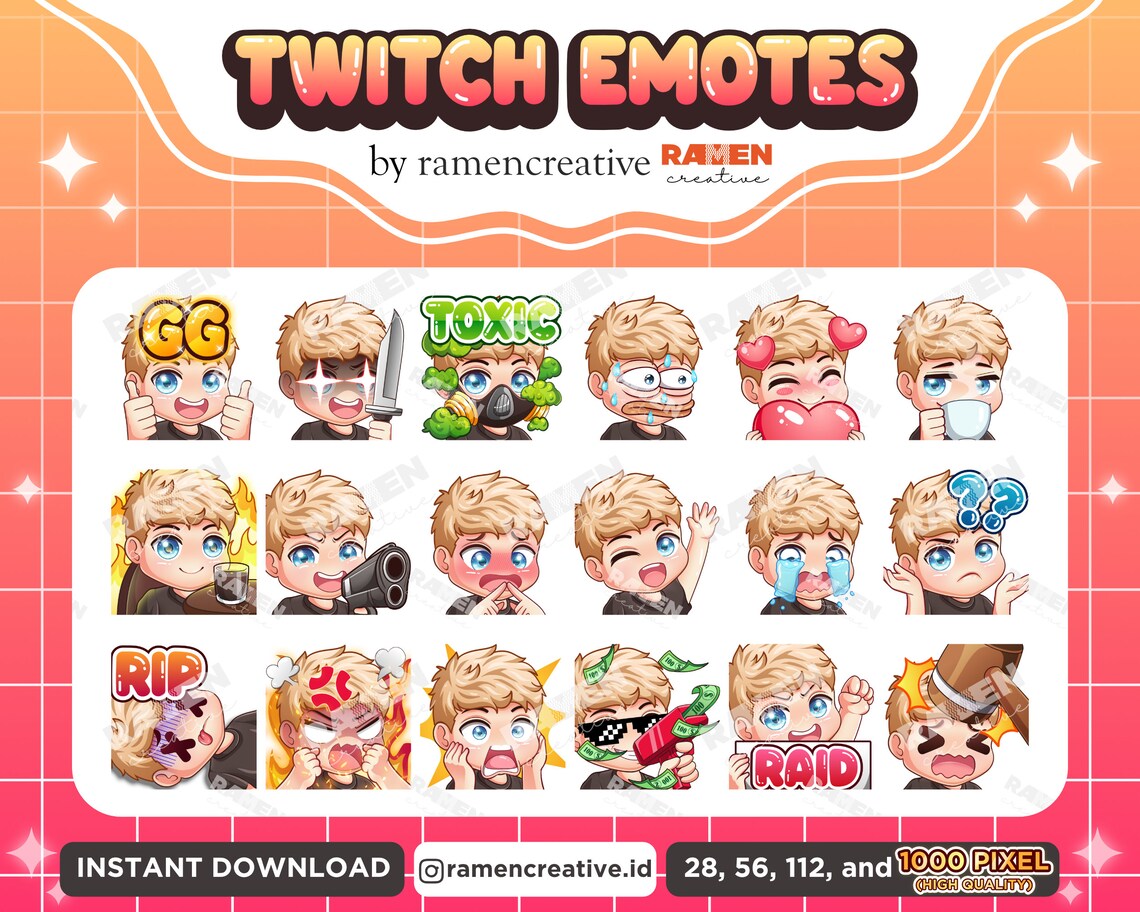 Boy Twitch Emotes : Blonde Hair, Blue Eye Emotes - 18 Emote Pack ...