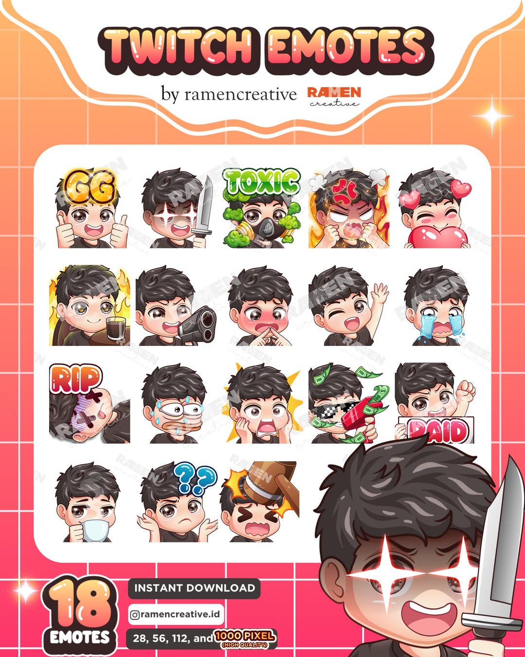 Boy Twitch Emotes : Black Hair, Black Eye Emotes - 18 Emote Pack ...