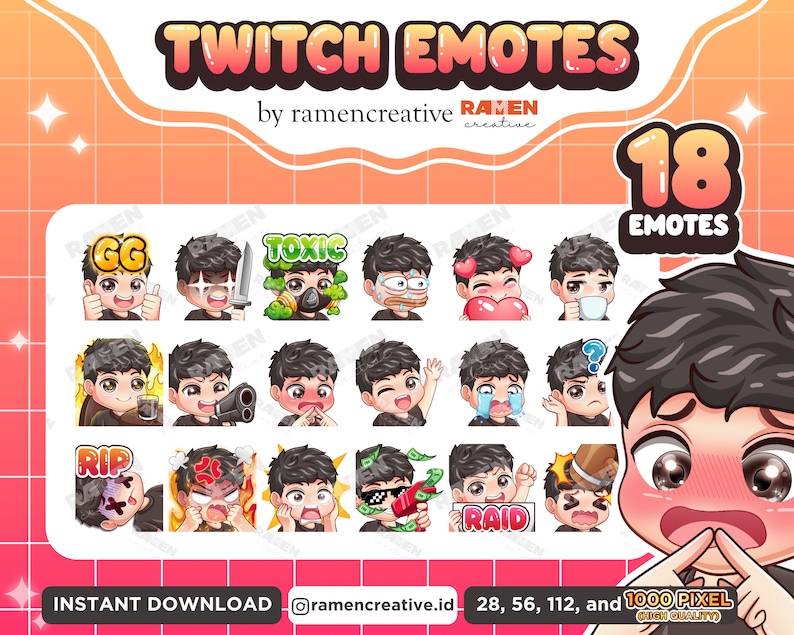 Boy Twitch Emotes : Black Hair, Black Eye Emotes - 18 Emote Pack ...