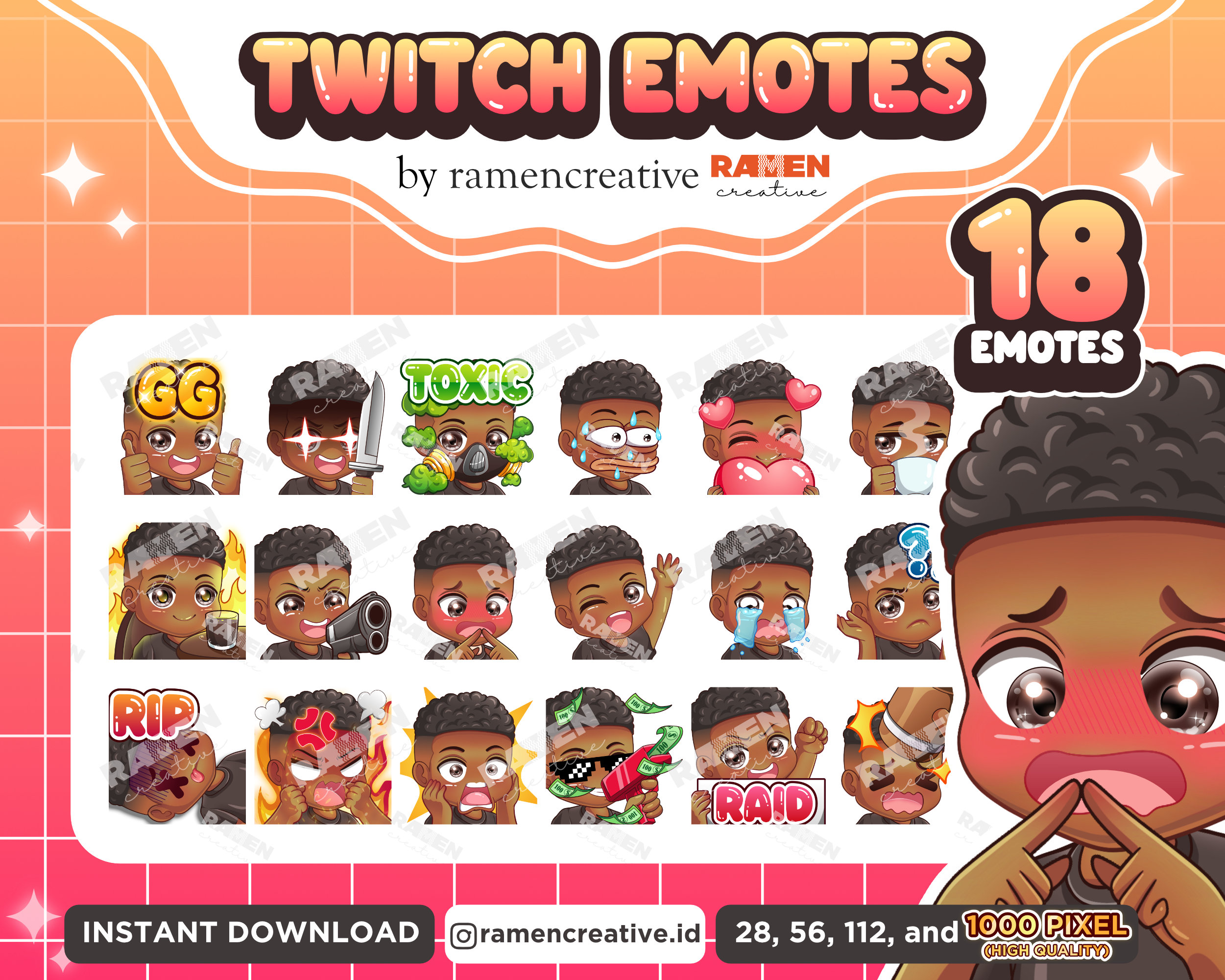 Boy Twitch Emotes : Black Hair, Afro Hair, Black Skin Emotes - 18 Emote ...