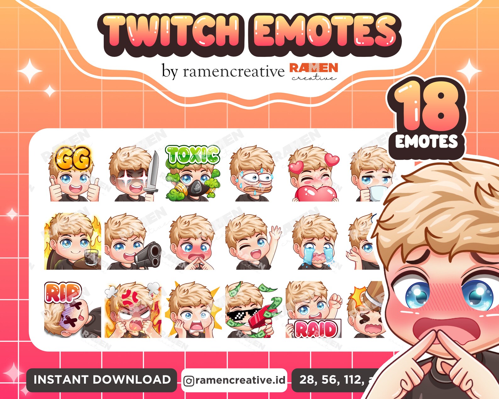 Boy Twitch Emotes : Blonde Hair, Blue Eye Emotes - 18 Emote Pack ...