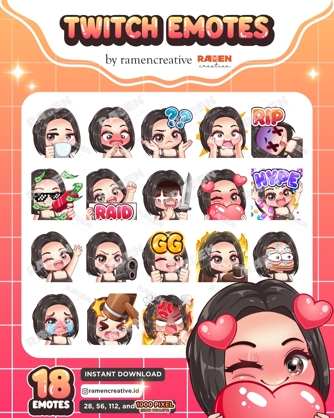 Chibi Girl Twitch Emotes: White Skin, Short Black Hair, Black Eye - 18 ...