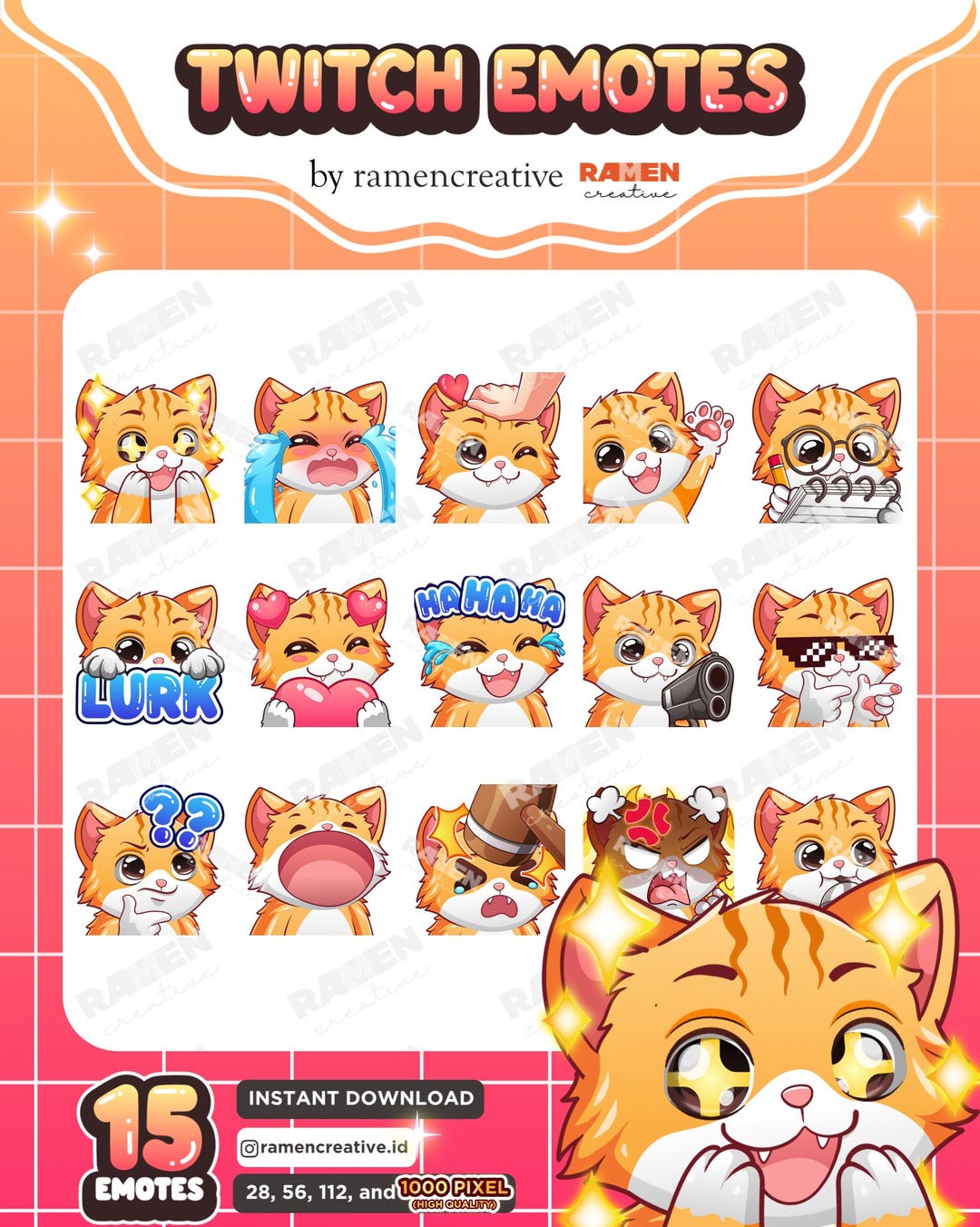 Orange Cat Twitch Emotes: Kawaii Kitty Neko - 15 Emotes (digital ...