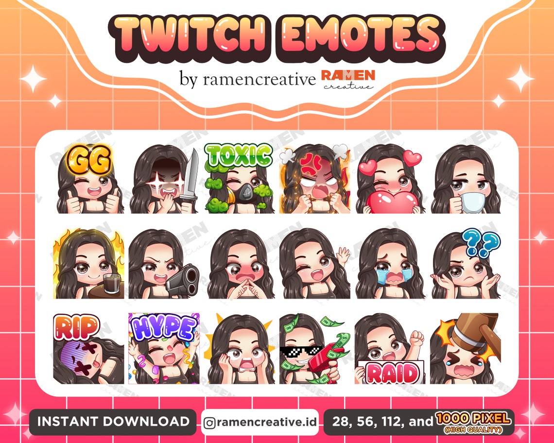 Chibi Girl Twitch Emotes: White Skin, Black Hair, Black Eye - 18 Emote ...