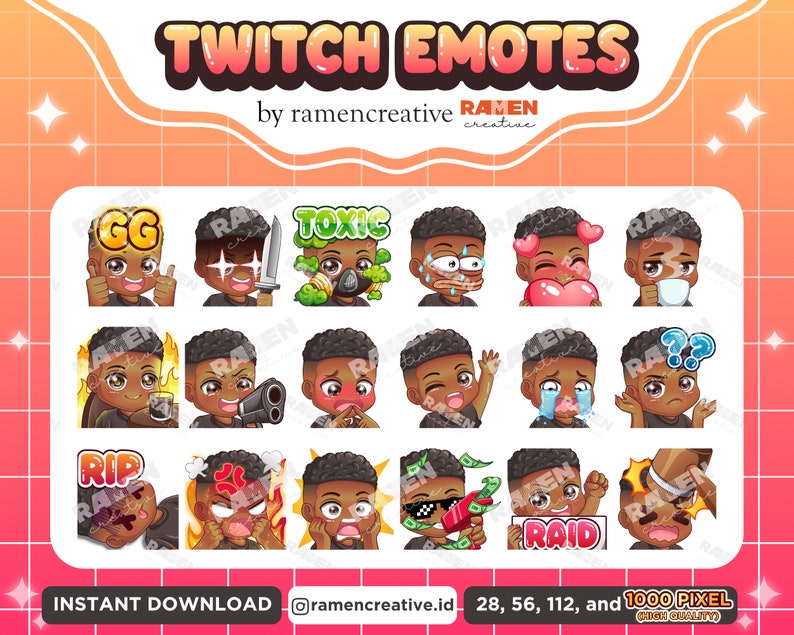 Boy Twitch Emotes : Black Hair, Afro Hair, Black Skin Emotes - 18 Emote ...