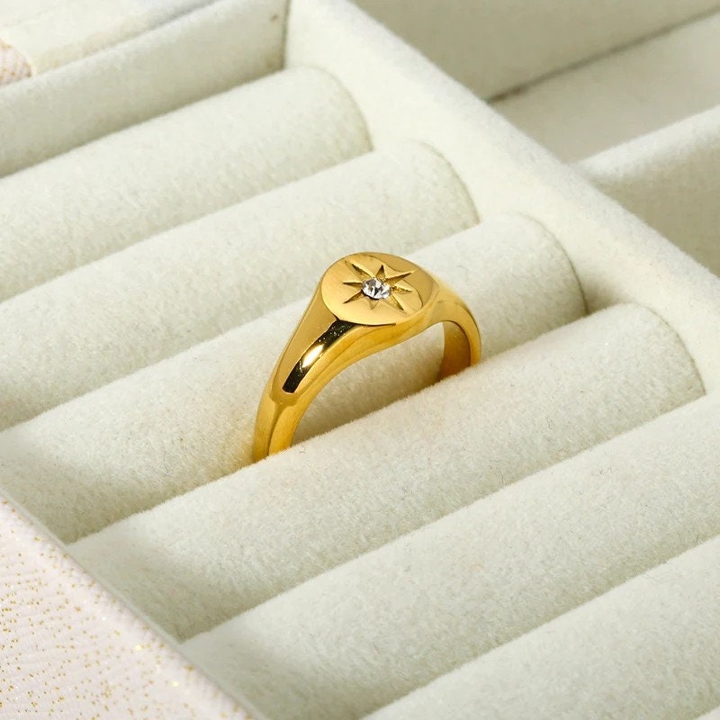 Gold Star Signet Ring, Signet Pinky Ring, Women's Pinky Signet Ring, Gold Dainty Ring, Celestial ...