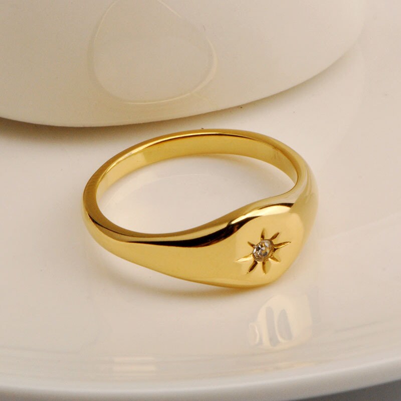 Gold Star Signet Ring, Signet Pinky Ring, Women's Pinky Signet Ring, Gold Dainty Ring, Celestial ...