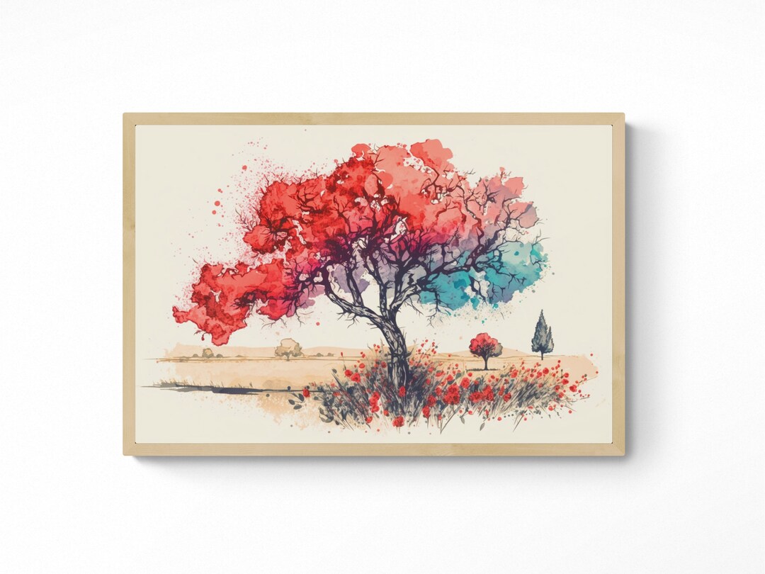 Red Tree Watercolor Art Print, Instant Download, Digital Wall Art ...