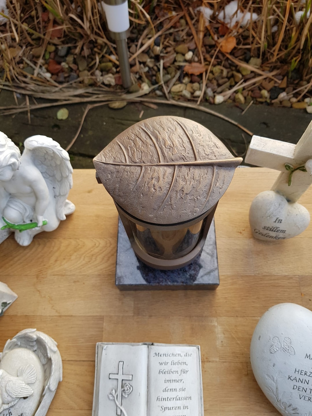 Artistic Round Grave Lantern With Leaf Motif Made of Bronze, Grave ...