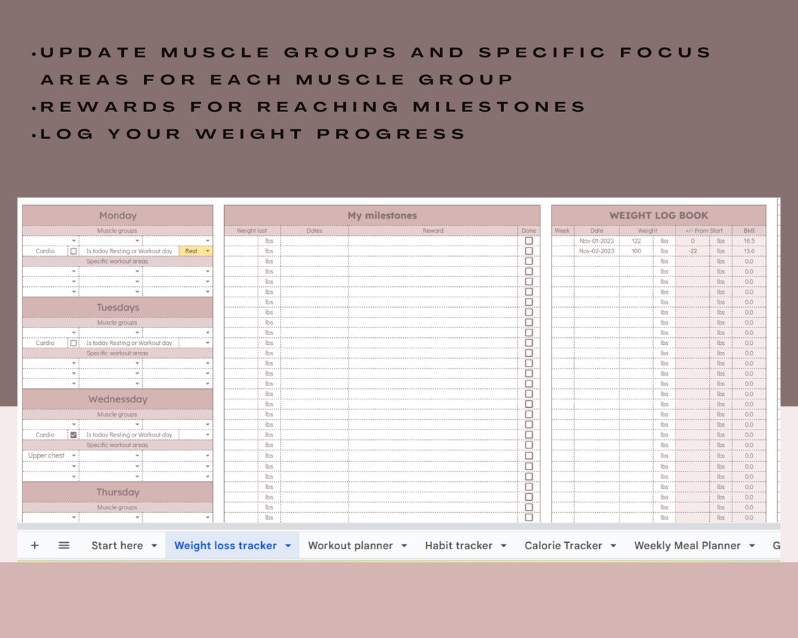 Weight Loss Tracker, Workout Planner, Google Sheets Fitness Planner ...