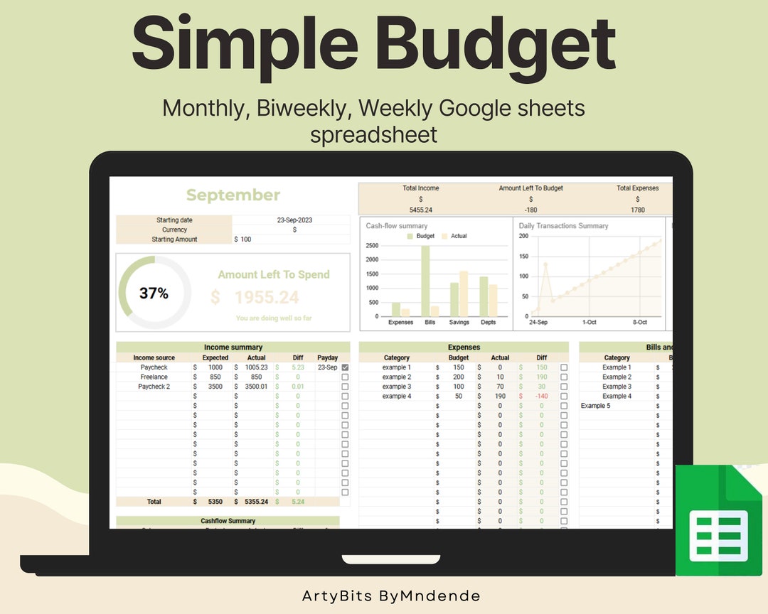 Simple Budget Planner Google Sheets Monthly Budget Spreadsheet Weekly ...