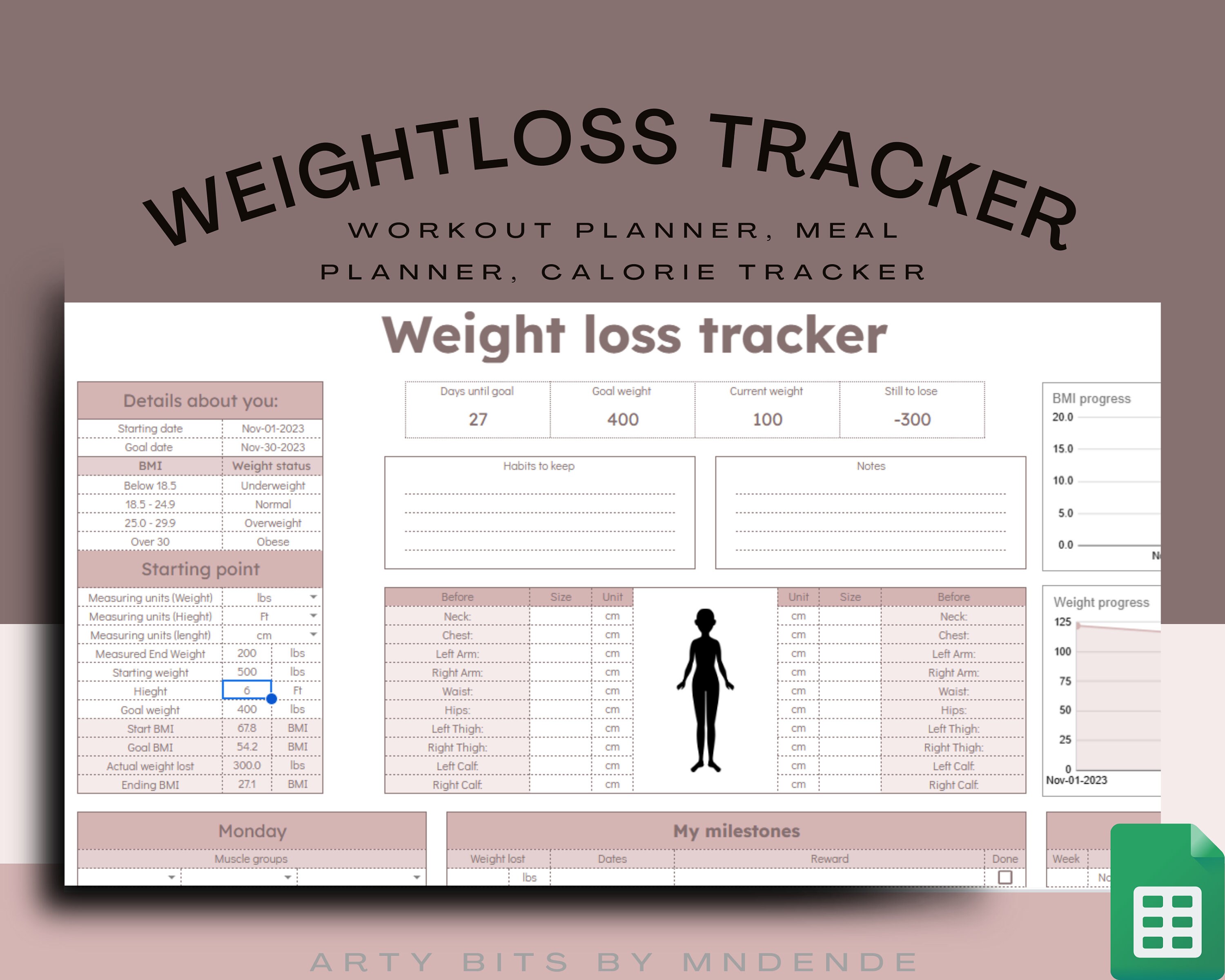 Weight Loss Tracker, Workout Planner, Google Sheets Fitness Planner ...