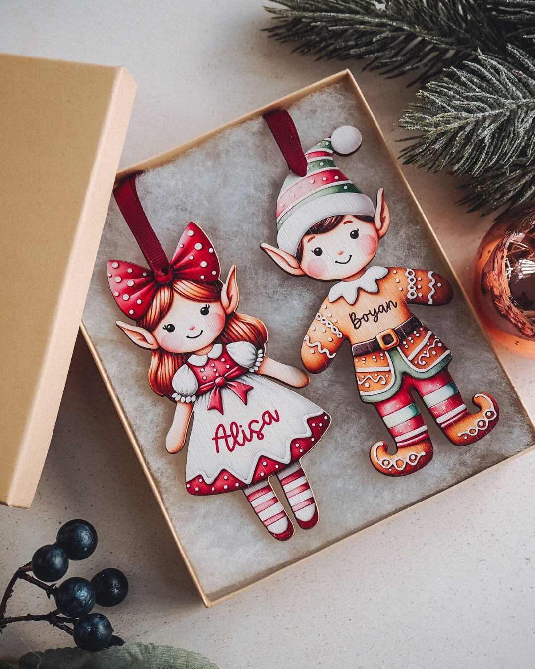 Personalized Elves Girl & Boy pack of 2 Christmas Ornament With Custom ...
