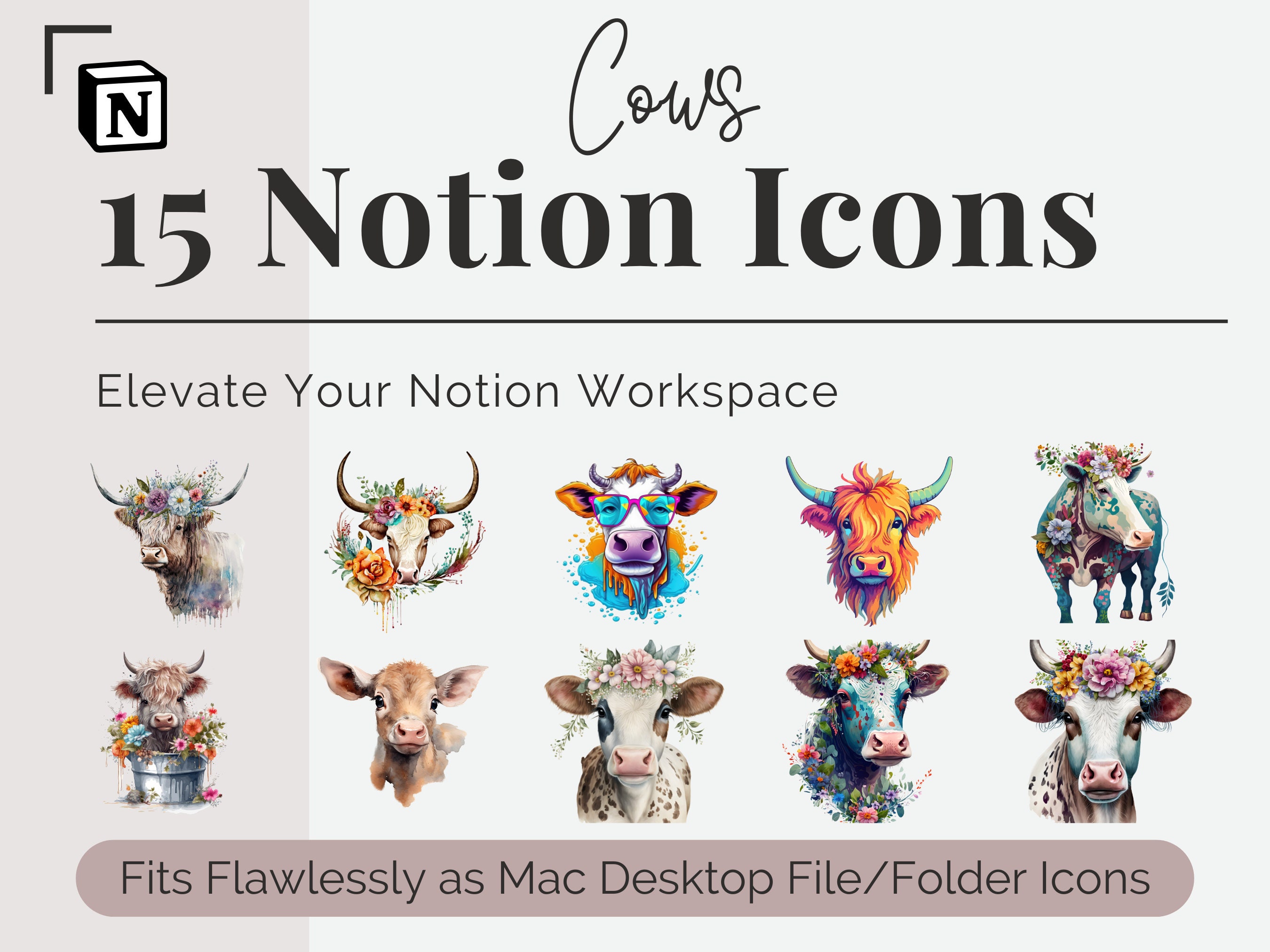 15 Notion Icons | Cow Inspired Notion Planner Icons | Folder Icons for Mac | Desktop Icons - Etsy