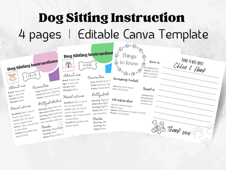 Dog Sitting Instruction Template - Printable Digital Download - Etsy