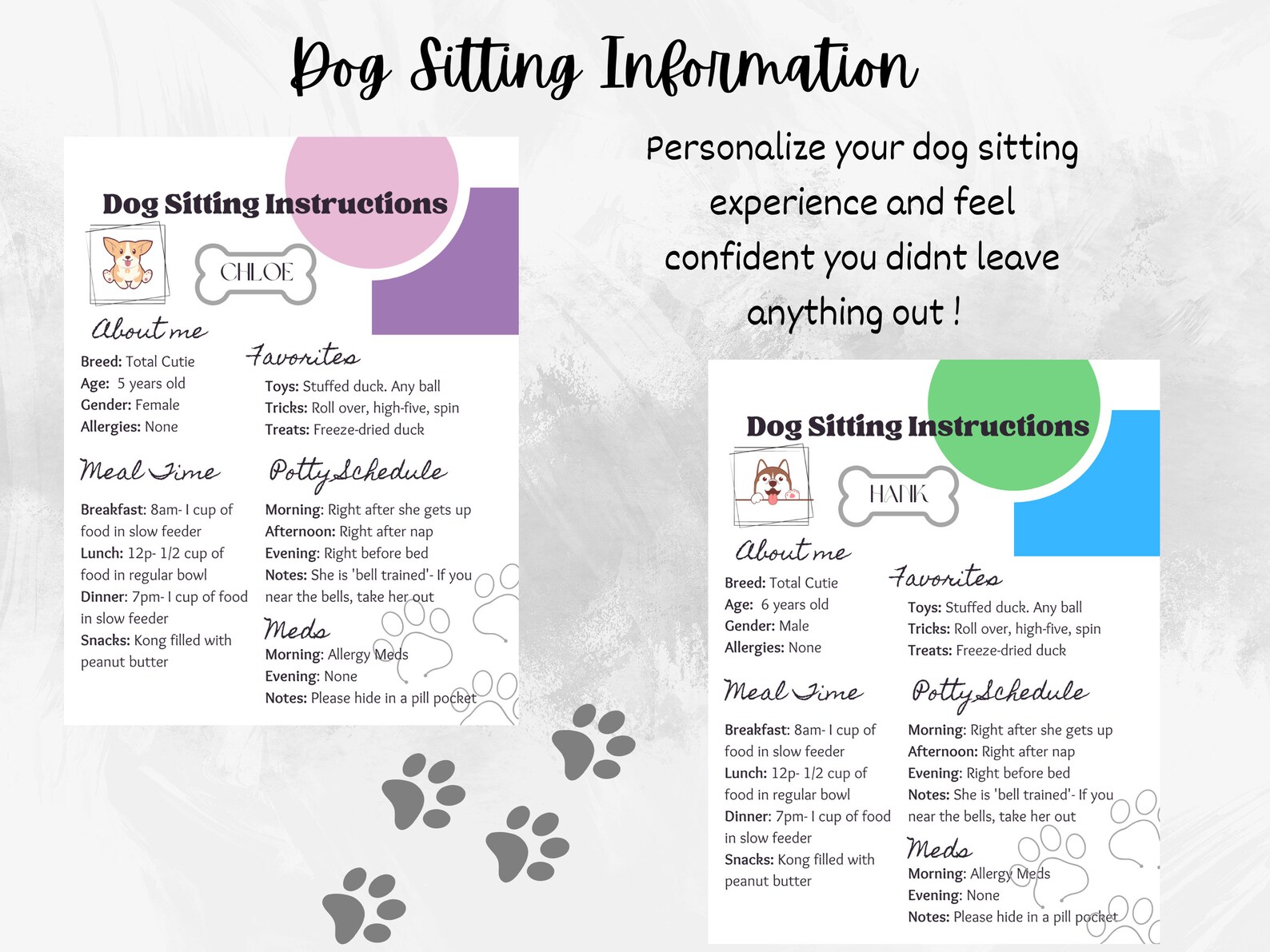 Dog Sitting Instruction Template - Printable Digital Download - Etsy