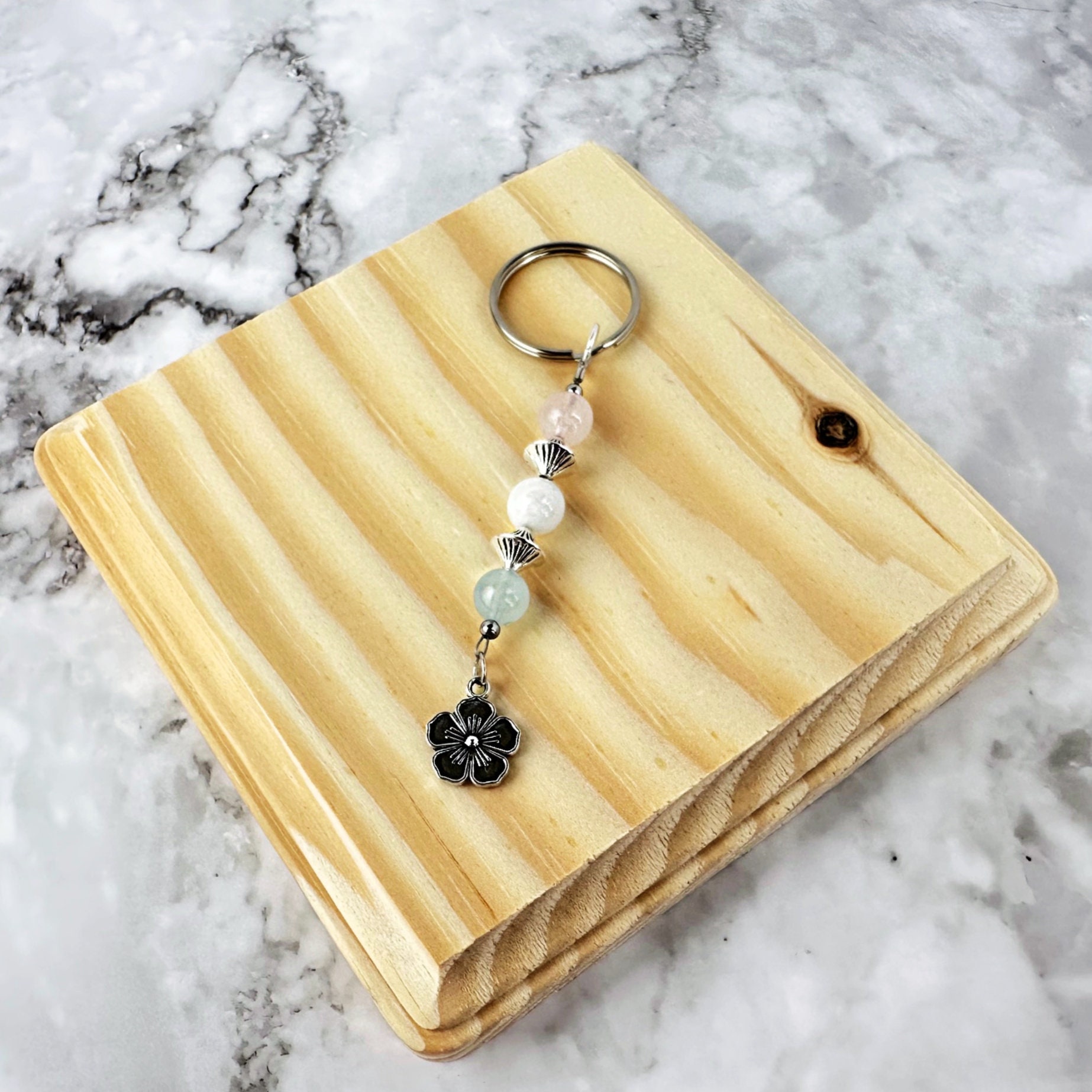 Tranquility Bead Keychain With Rose Quartz, Moonstone, and Aquamarine ...