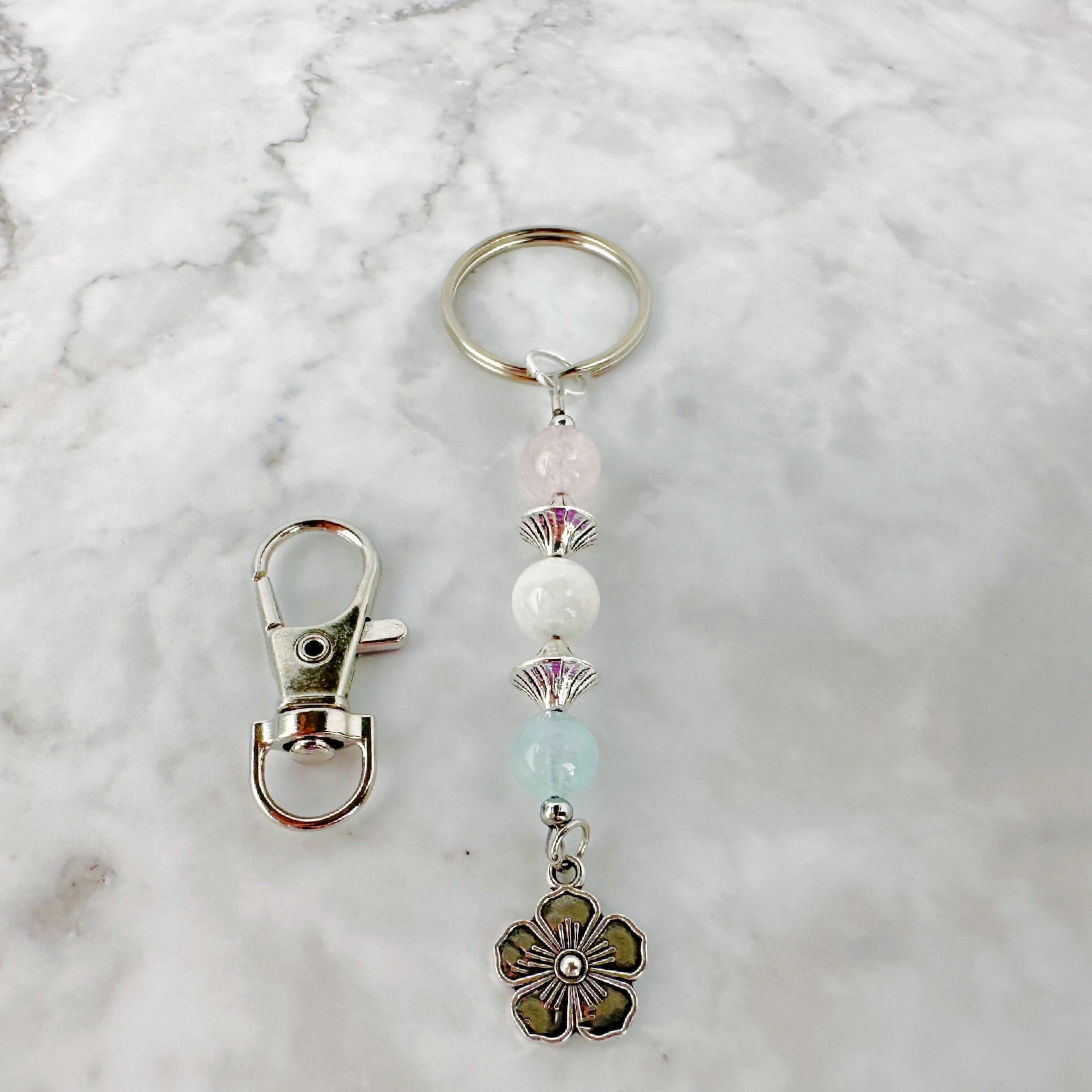 Tranquility Bead Keychain With Rose Quartz, Moonstone, and Aquamarine ...