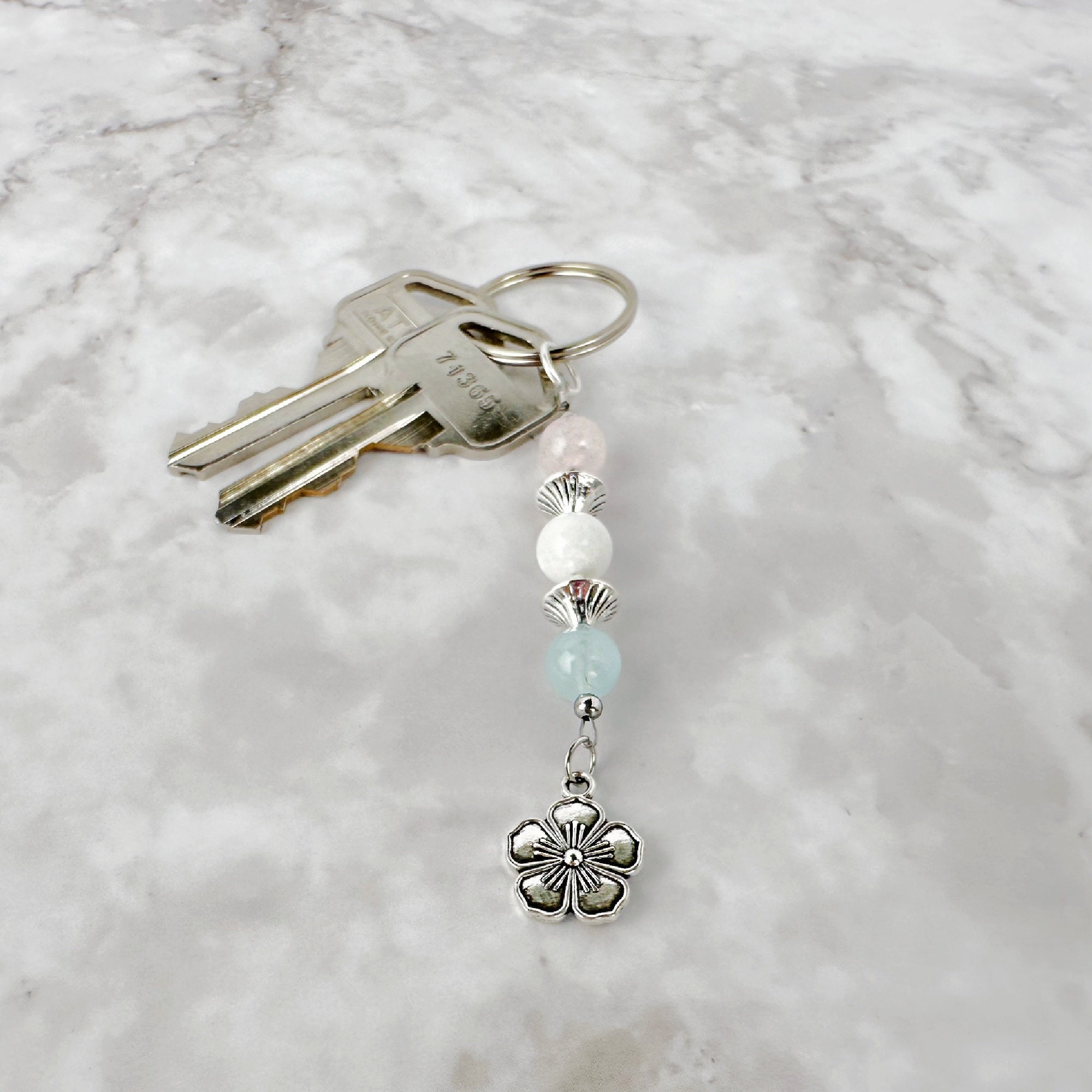 Tranquility Bead Keychain With Rose Quartz, Moonstone, and Aquamarine ...