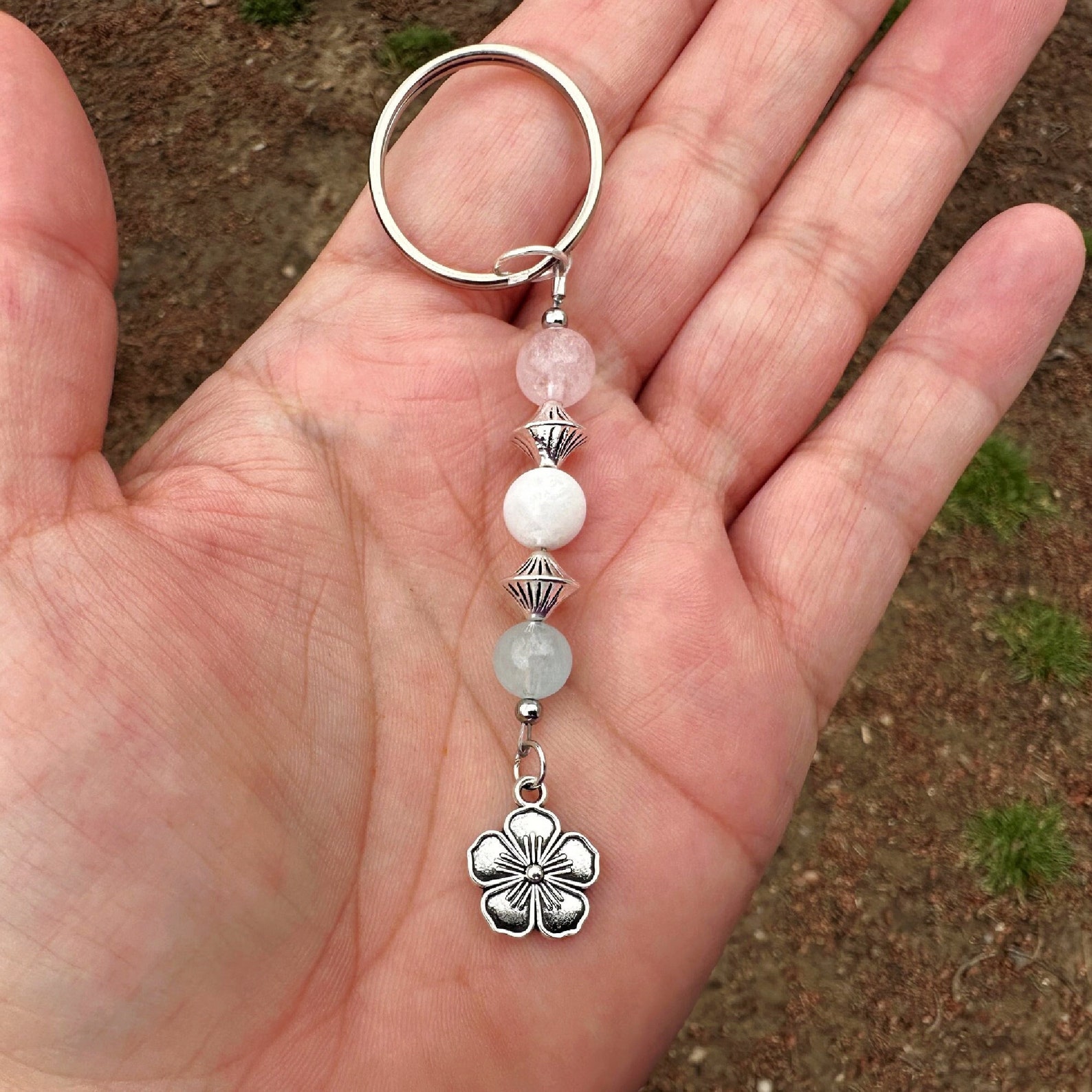 Tranquility Bead Keychain With Rose Quartz, Moonstone, and Aquamarine ...