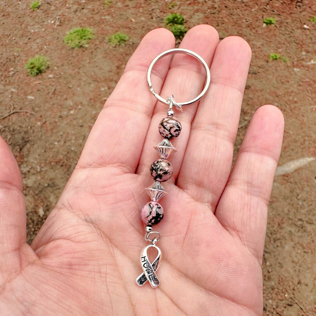 Rhodonite Bead Keychain With Choice of Charm Trendy Pink & Black Purse ...