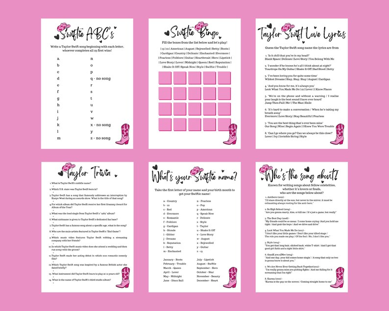 Taylor Swift Party Games Pack Printable Swiftie Games, Taylor Trivia ...