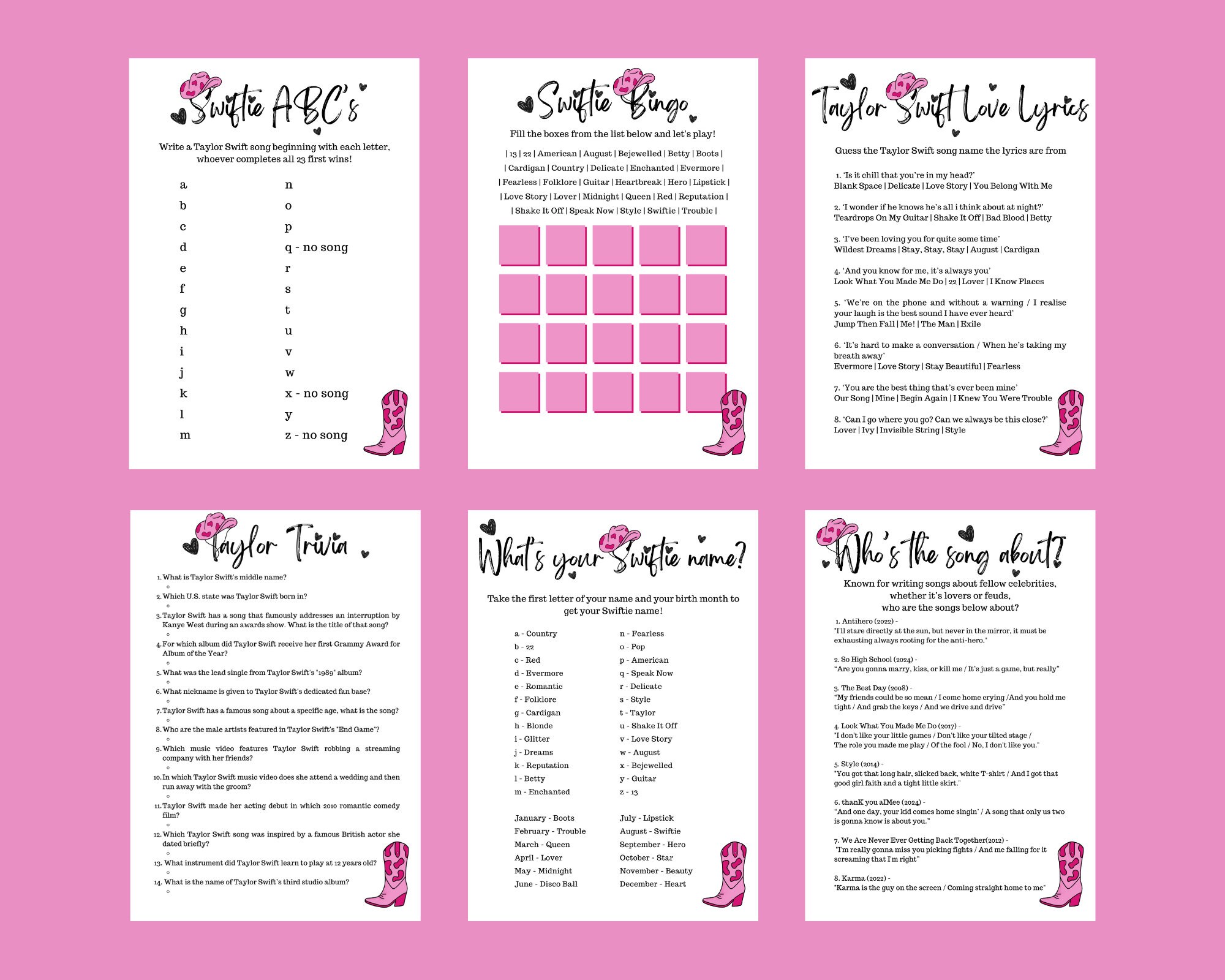 Taylor Swift Party Games Pack Printable Swiftie Games, Taylor Trivia ...