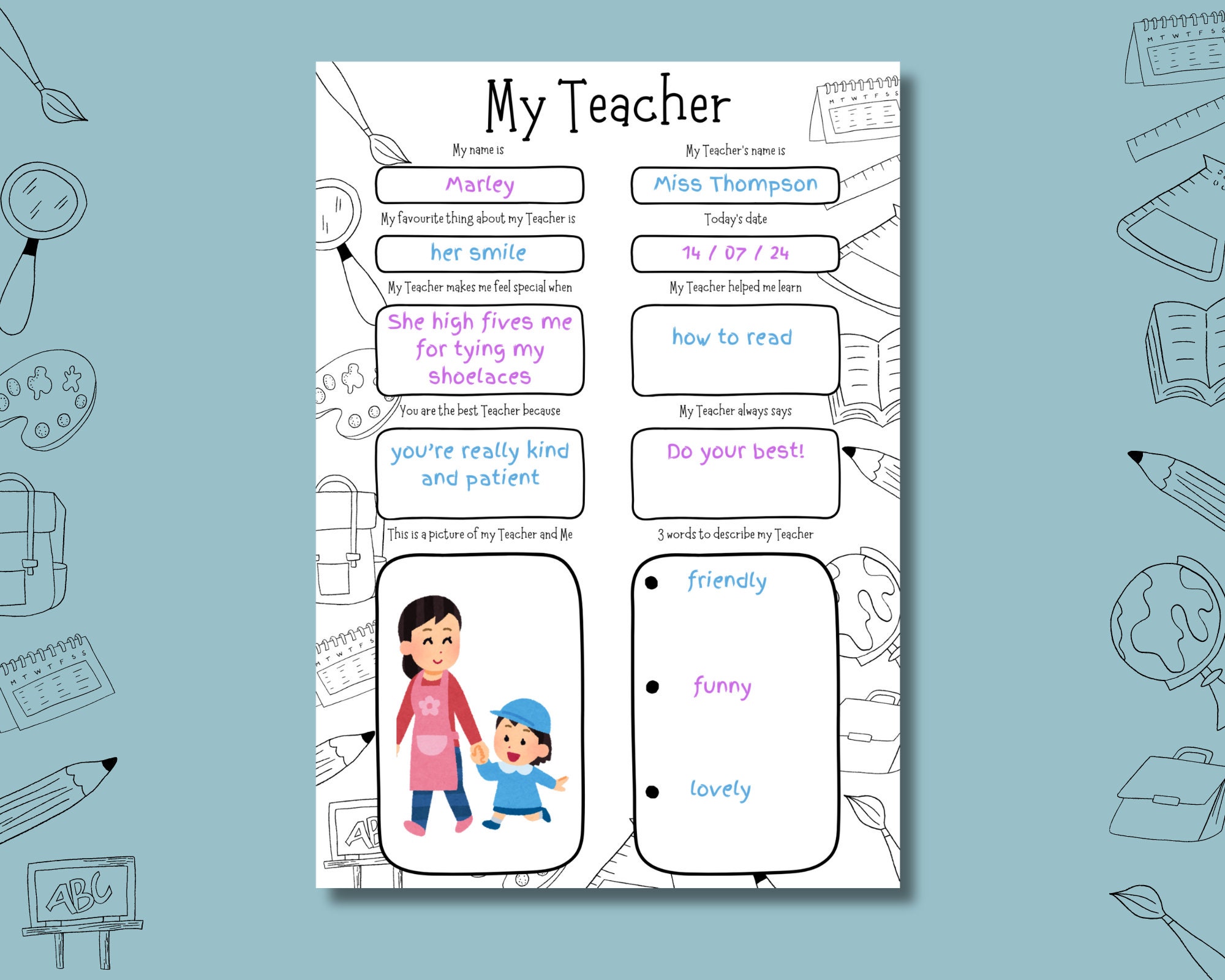 All About My Teacher Printable Kids Fill Out PDF Instant Digital ...