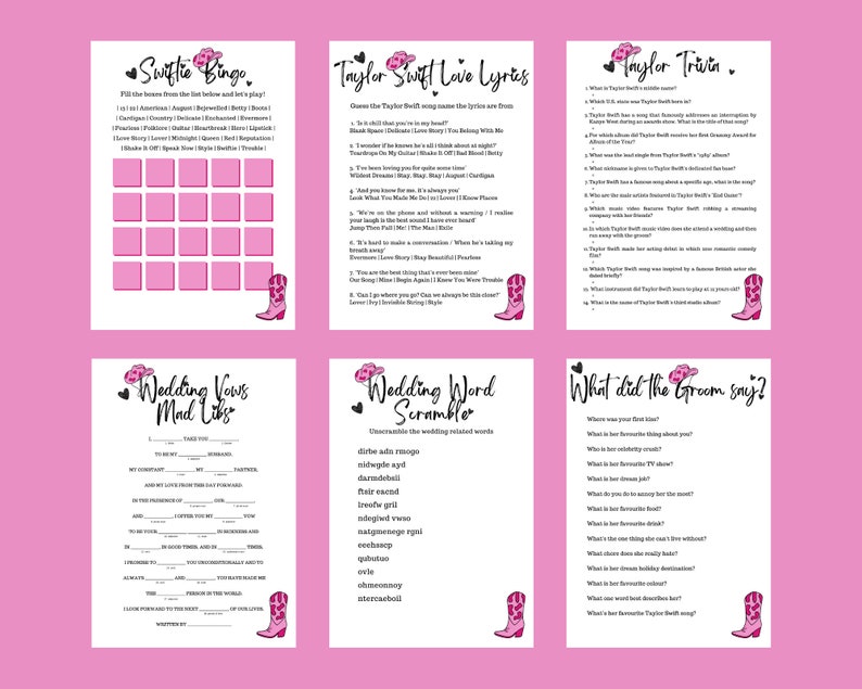 Taylor Swift Hen Do Party Games Pack | Pink Bridal Shower Fun | Swiftie ...