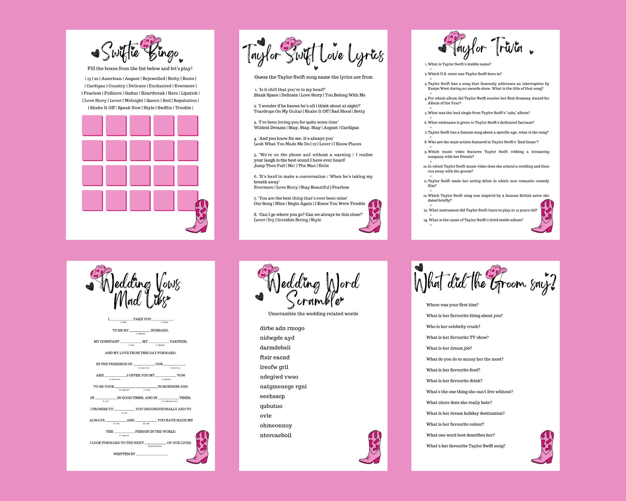 Taylor Swift Hen Do Party Games Pack | Pink Bridal Shower Fun | Swiftie ...