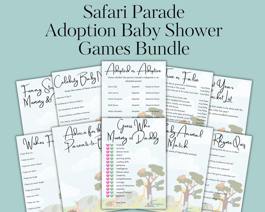 Adoption Baby Shower Games Bundle Safari Animals Parade - Instant ...